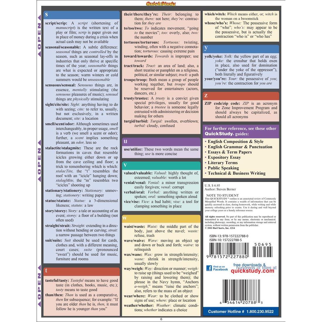 Commonly Misspelled And Confused Words QuickStudy BarChart
